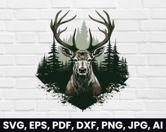 Deer With Antlers in Forest Silhouette, Color Stag Vector Shape SVG ...