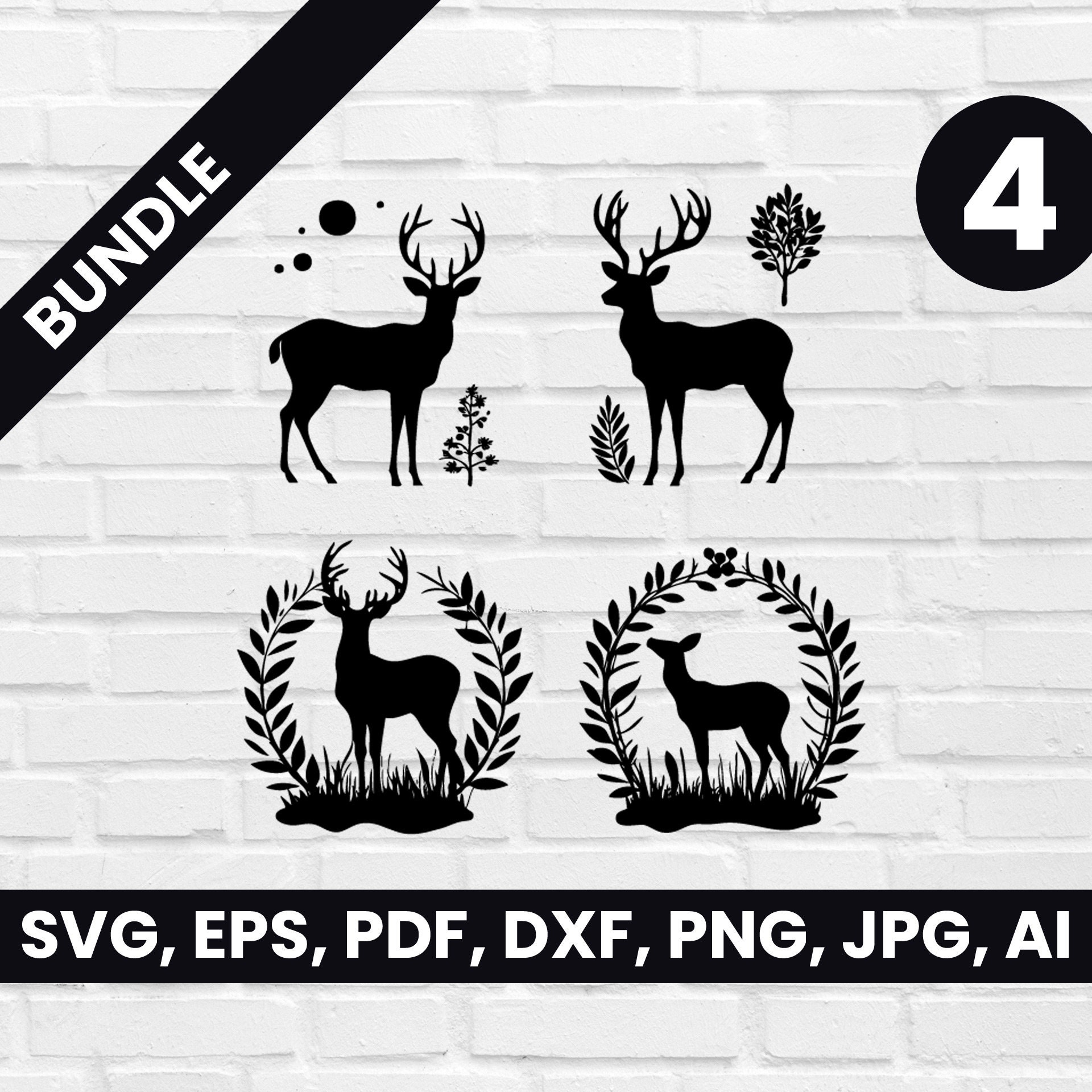 Deer Bundle Silhouette Pack, Stag Shape SVG, Pdf, Dxf, Png, Deer ...
