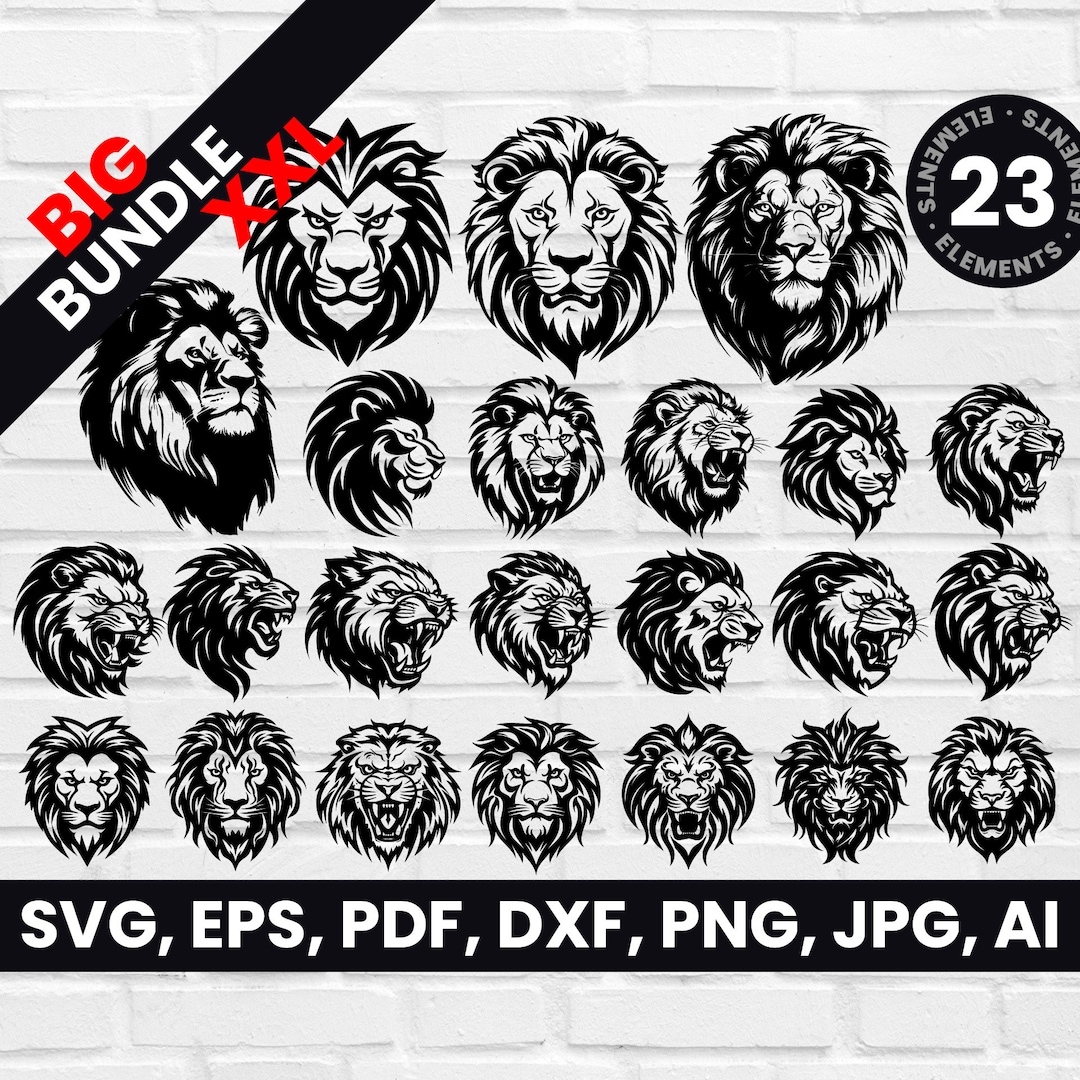BIG! Lion Bundle Silhouette Pack, Lion Head Roaring Shape SVG, Pdf, Dxf ...