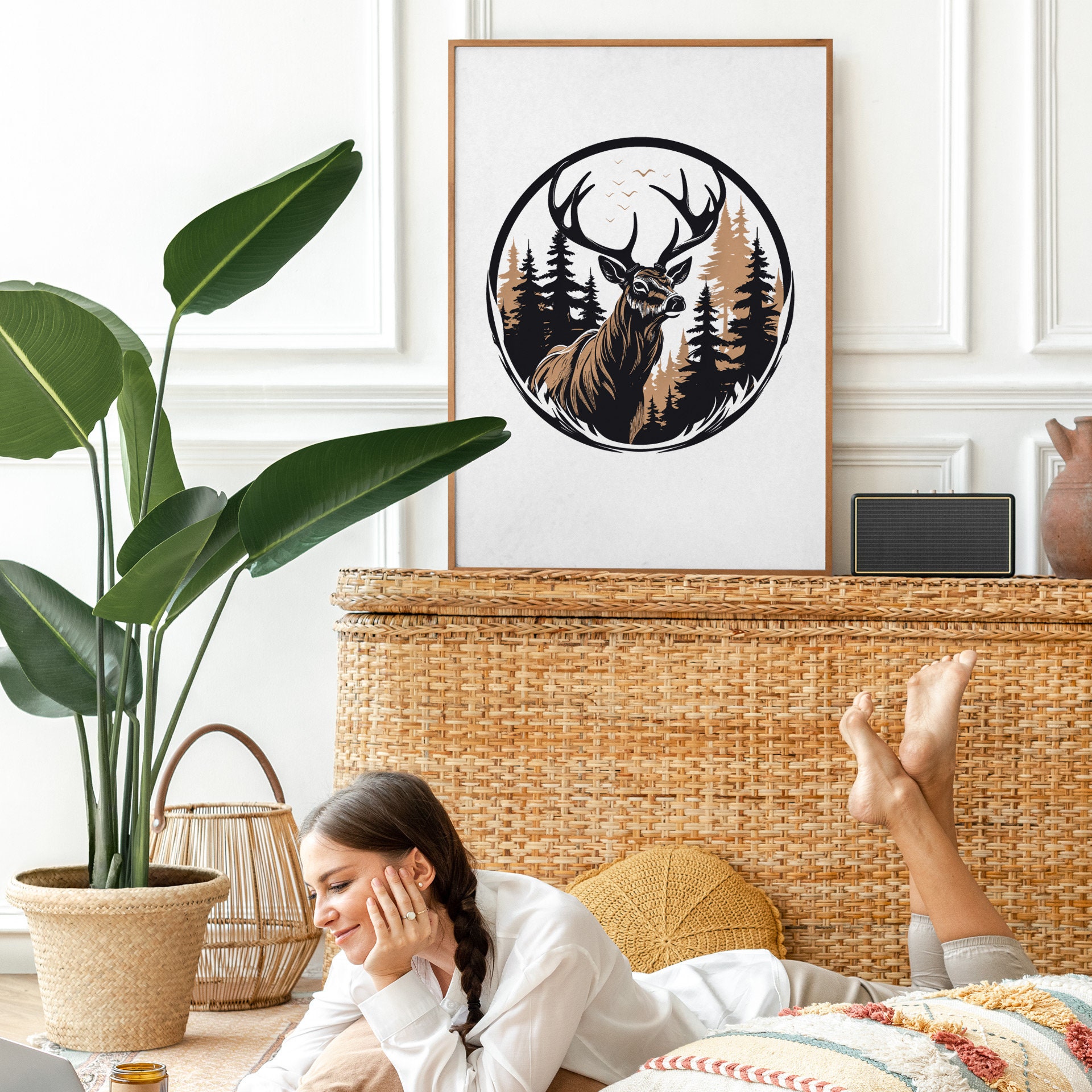 Deer With Antlers in Forest Silhouette, Color Stag Vector Shape SVG ...