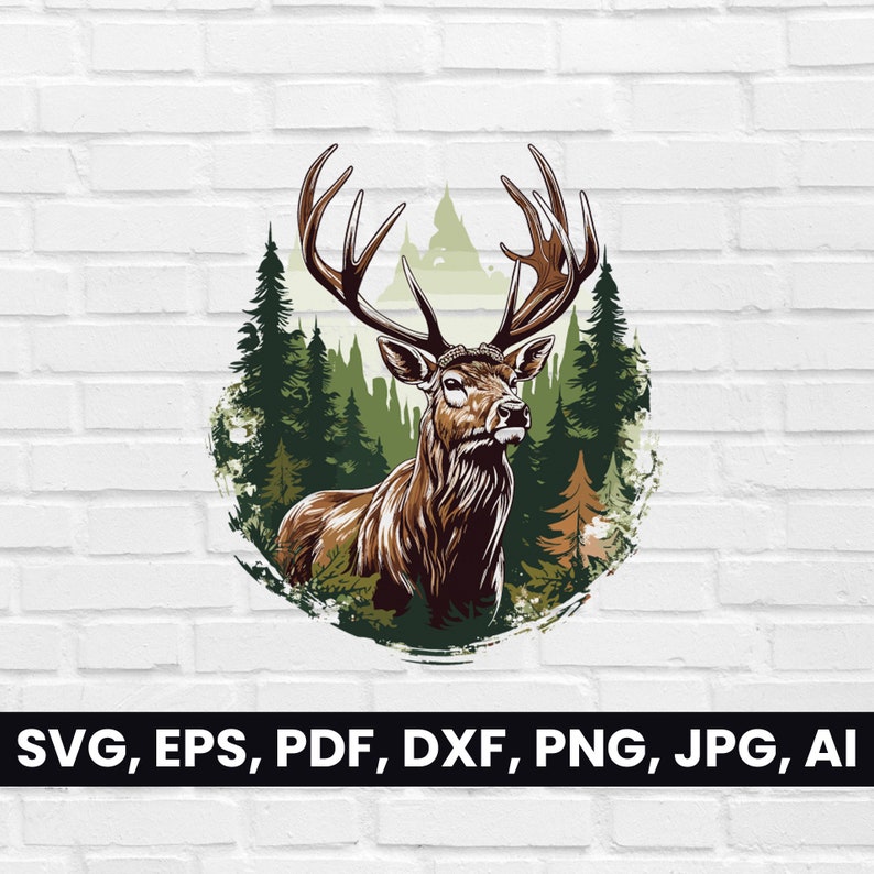 Deer With Antlers in Forest Silhouette, Color Stag Vector Shape SVG ...