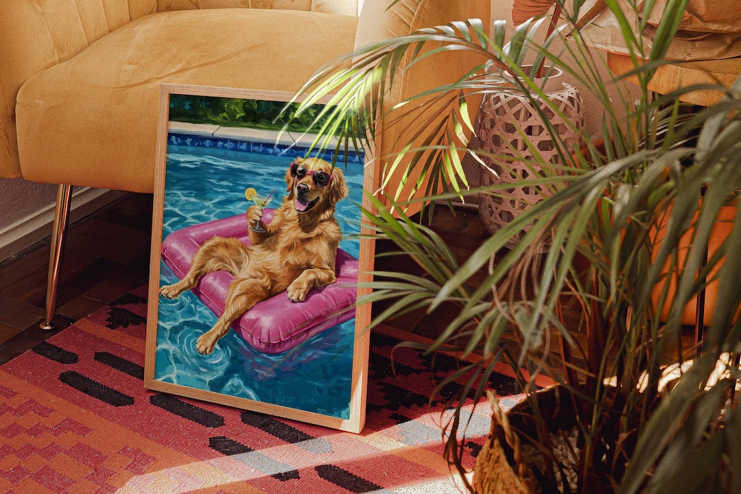 Golden Retriever Pool Party Art Print: Funny Dog Cocktail Sign (digital ...
