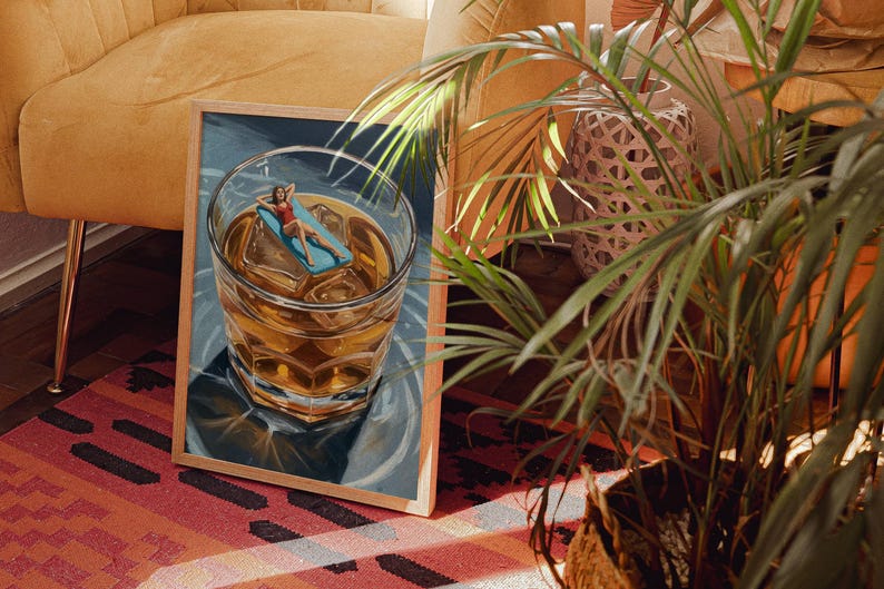 Surreal Old Fashioned Cocktail Art Print: Retro Bar Cart Decor (digital ...