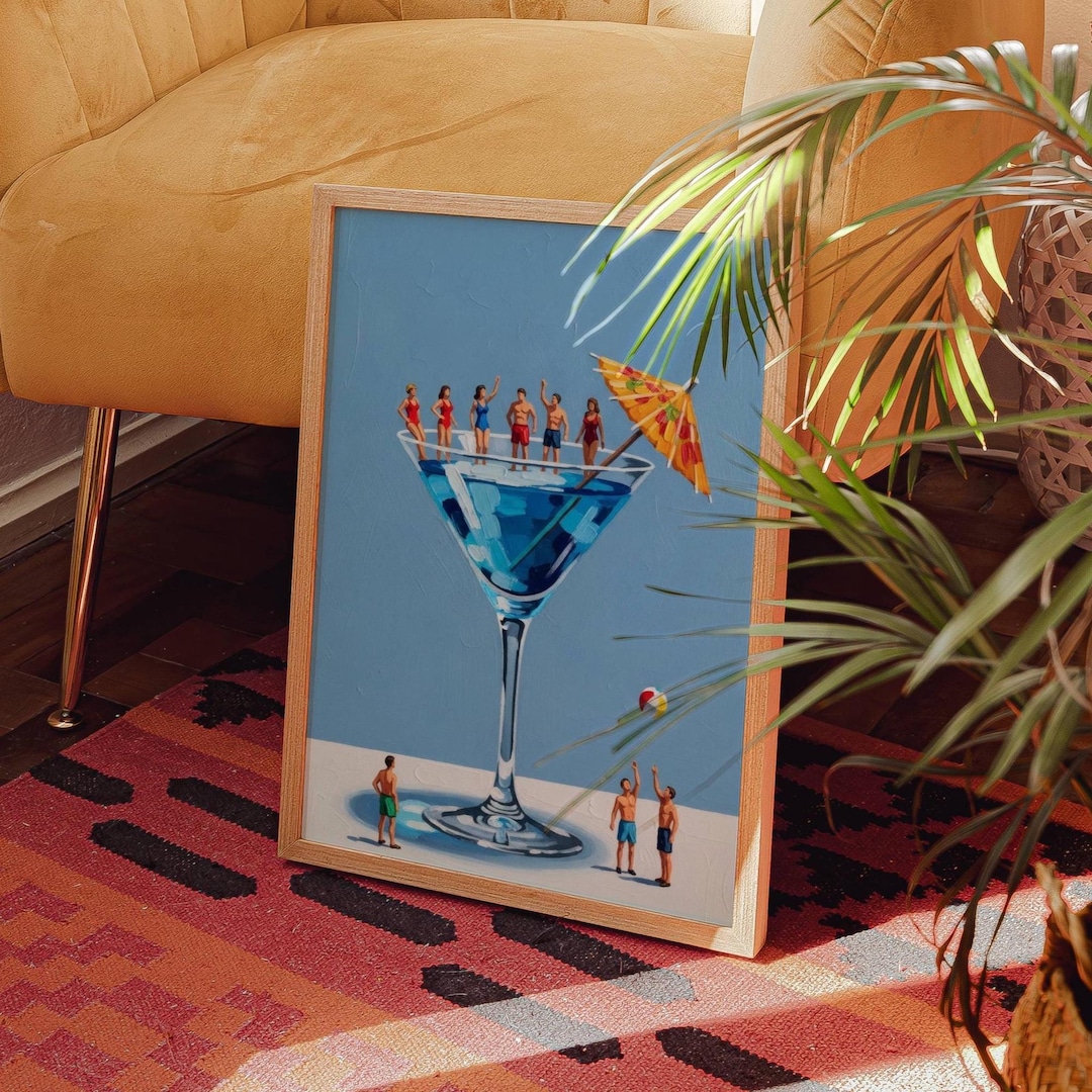 Blue Martini Pool Party Art Print — Mini Figures in Cocktail Glass ...
