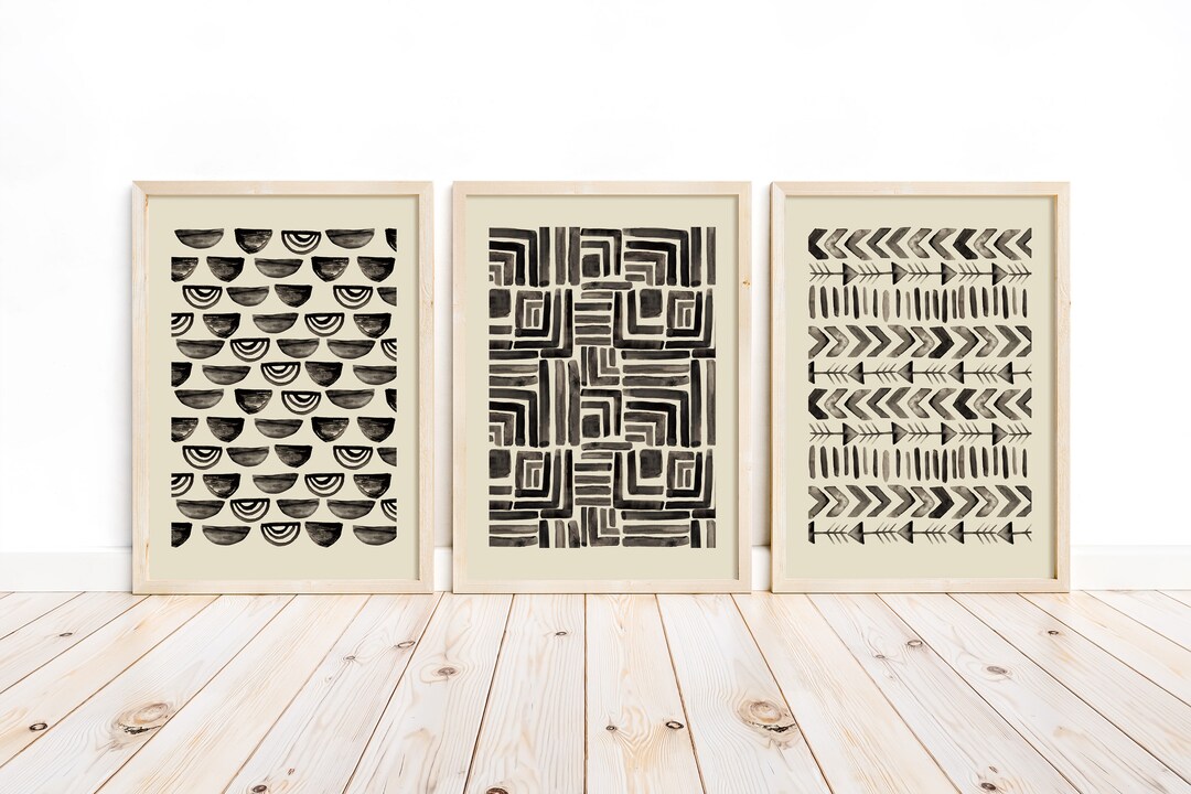 Abstract Black Beige Geometric Print Set of 3, Digital Aztec Pattern ...