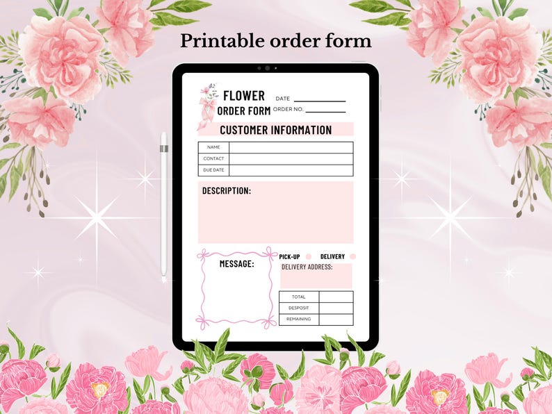 Printable Florist Pink Order Form, Printable Organization Sheet ...