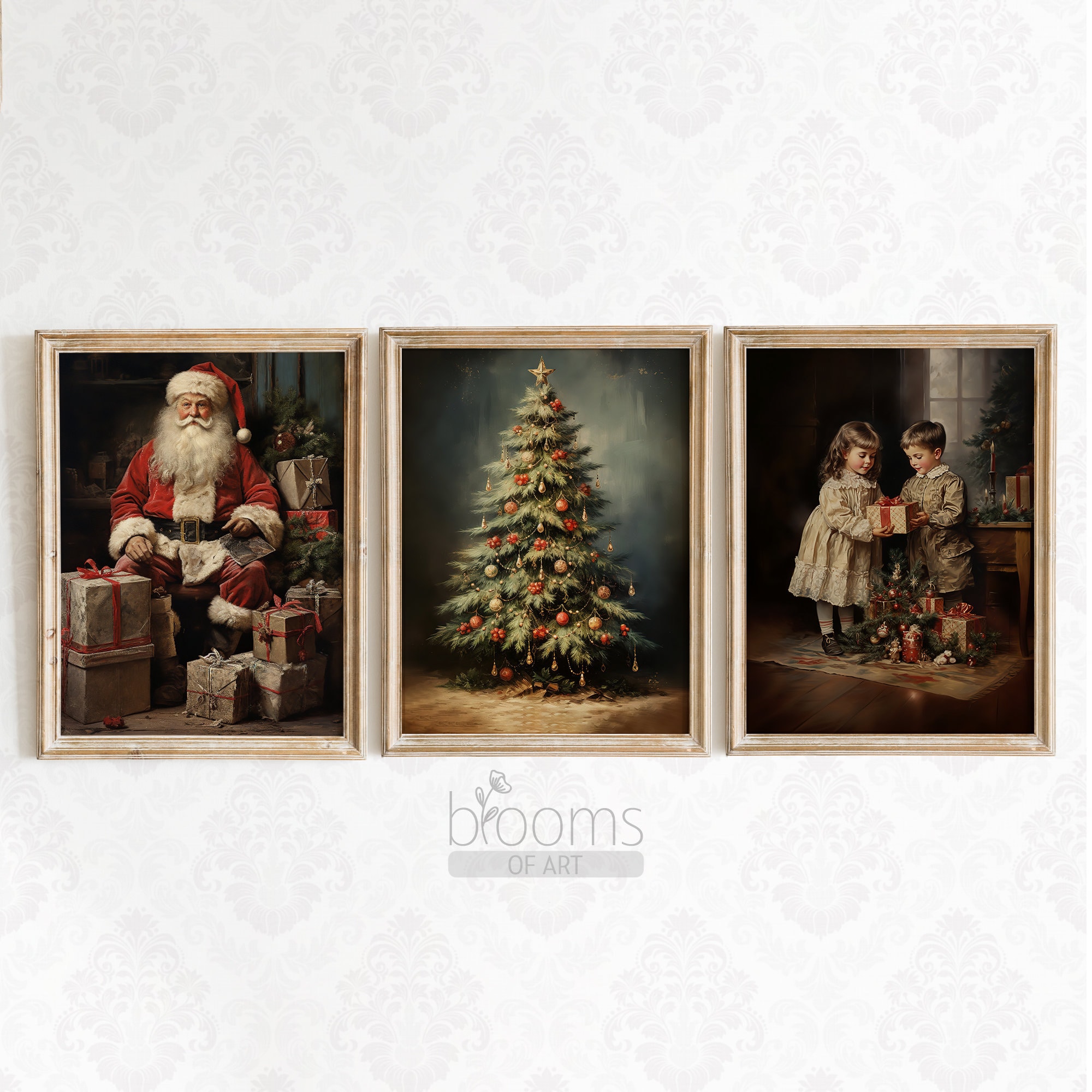 Vintage Christmas Art Prints, Set of 3, Santa Claus Painting (digital ...