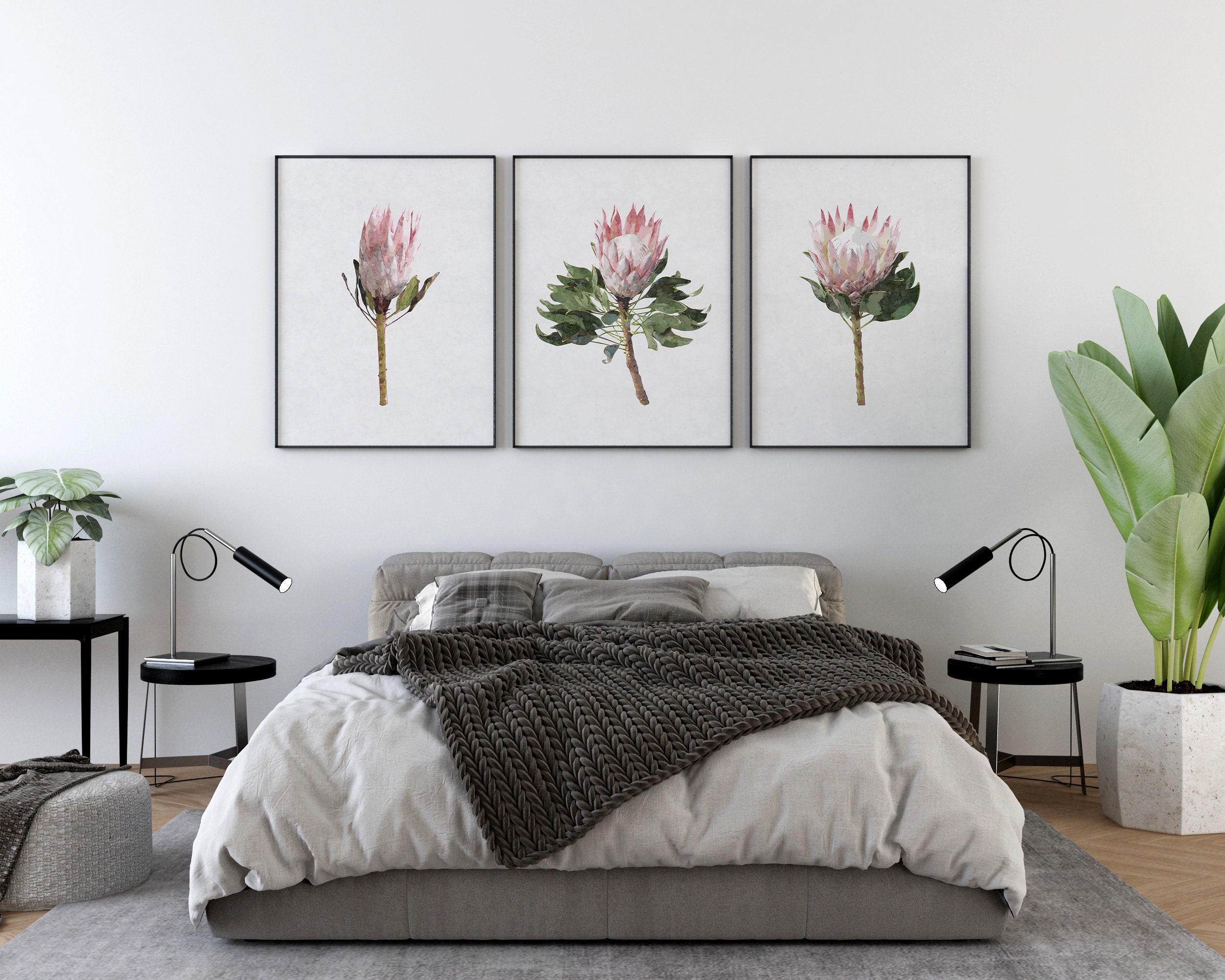 Watercolor Protea Wall Art Set King Protea Art Print Blush Pink Floral Home Decor Gift Protea ...