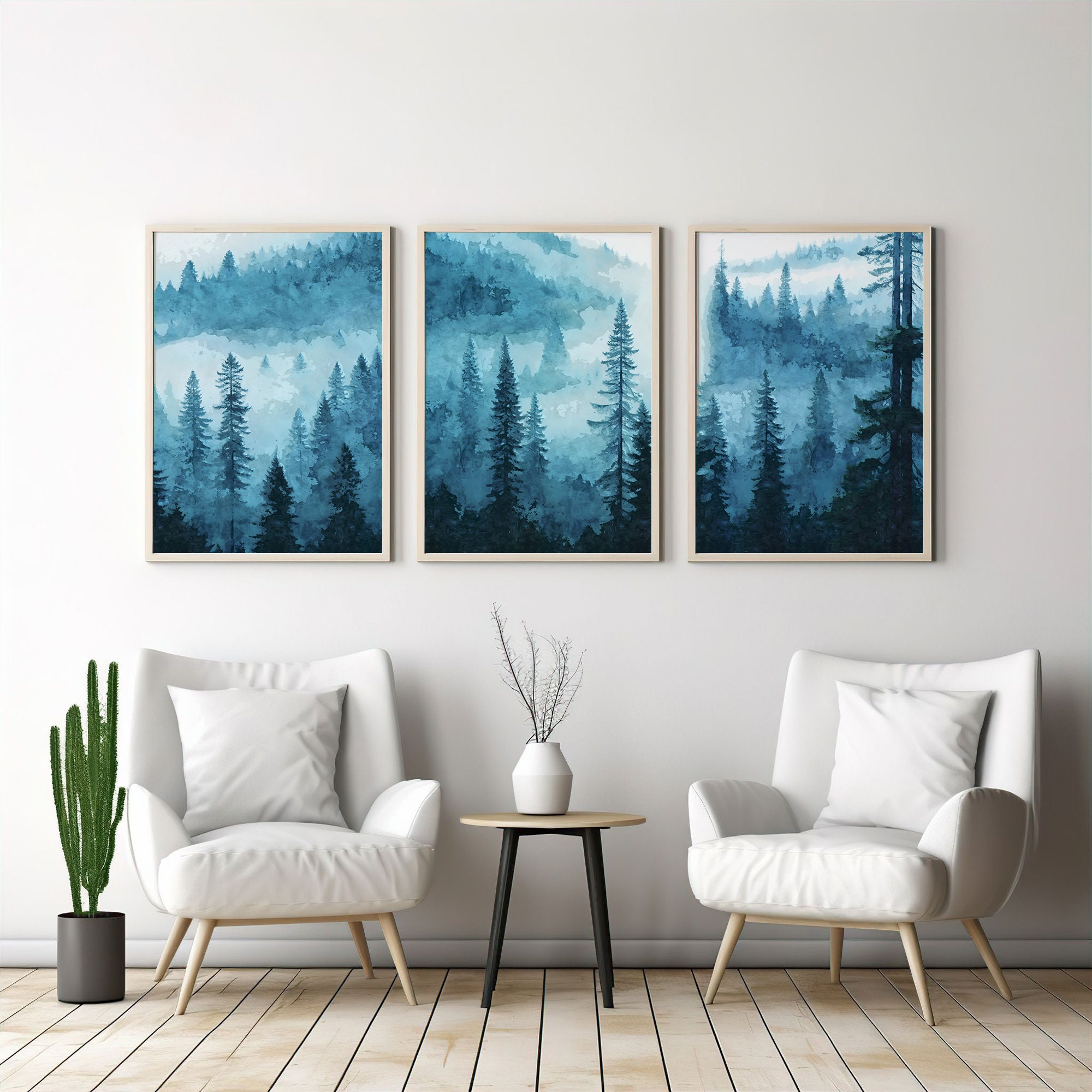 Navy Blue Foggy Trees Nature Art. Modern Indigo Poster - Etsy