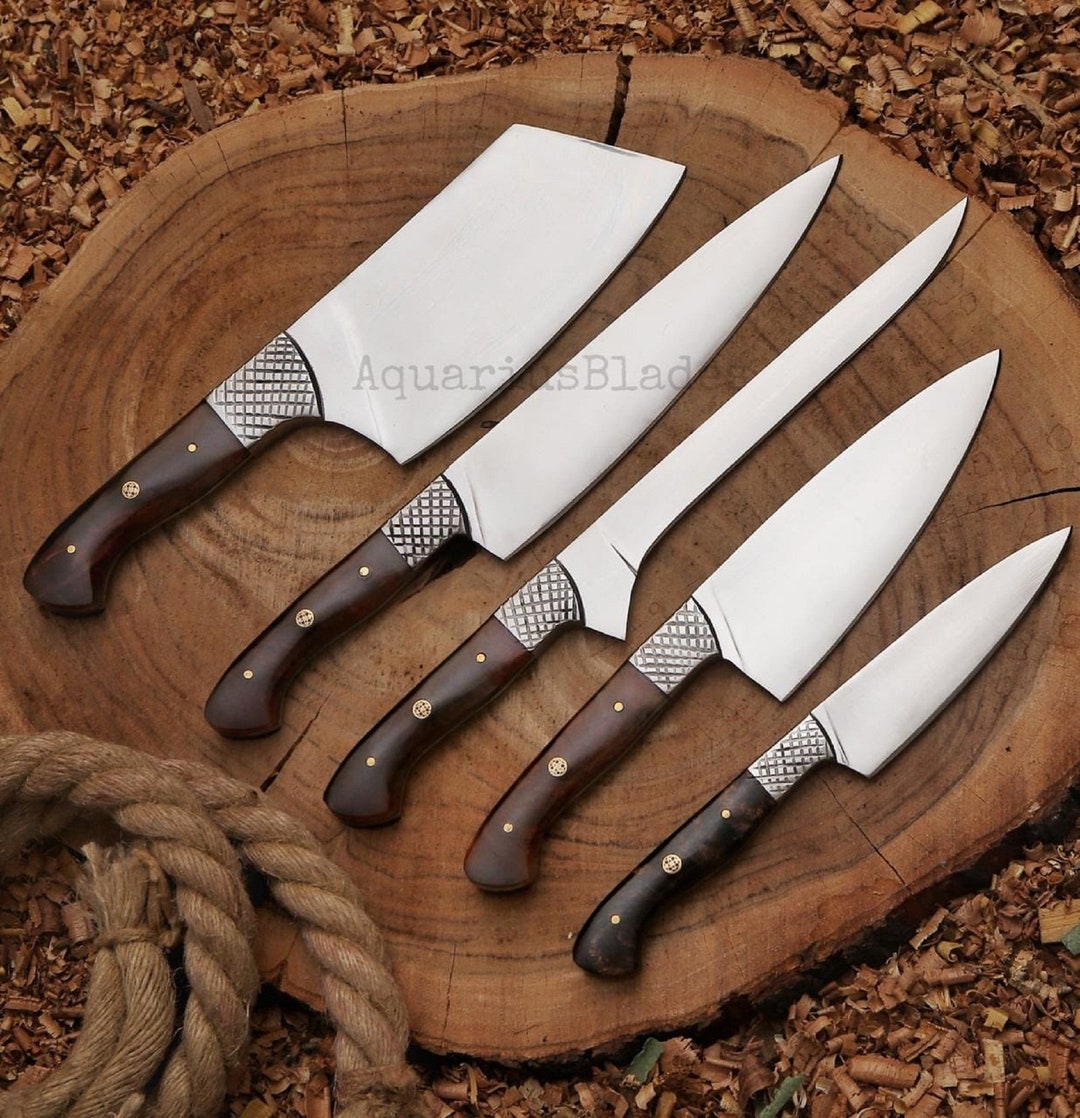 Custom Handmade Damascus Steel CHEF'S KNIVE Set of 5pcs With Leather ...
