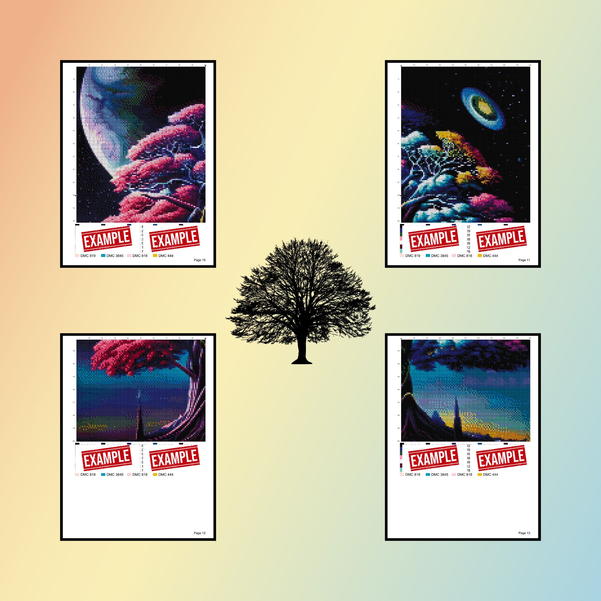 6 Psychedelic Trees Cross Stitch Patterns, 200x200 Stitches, 36x36 Cm ...