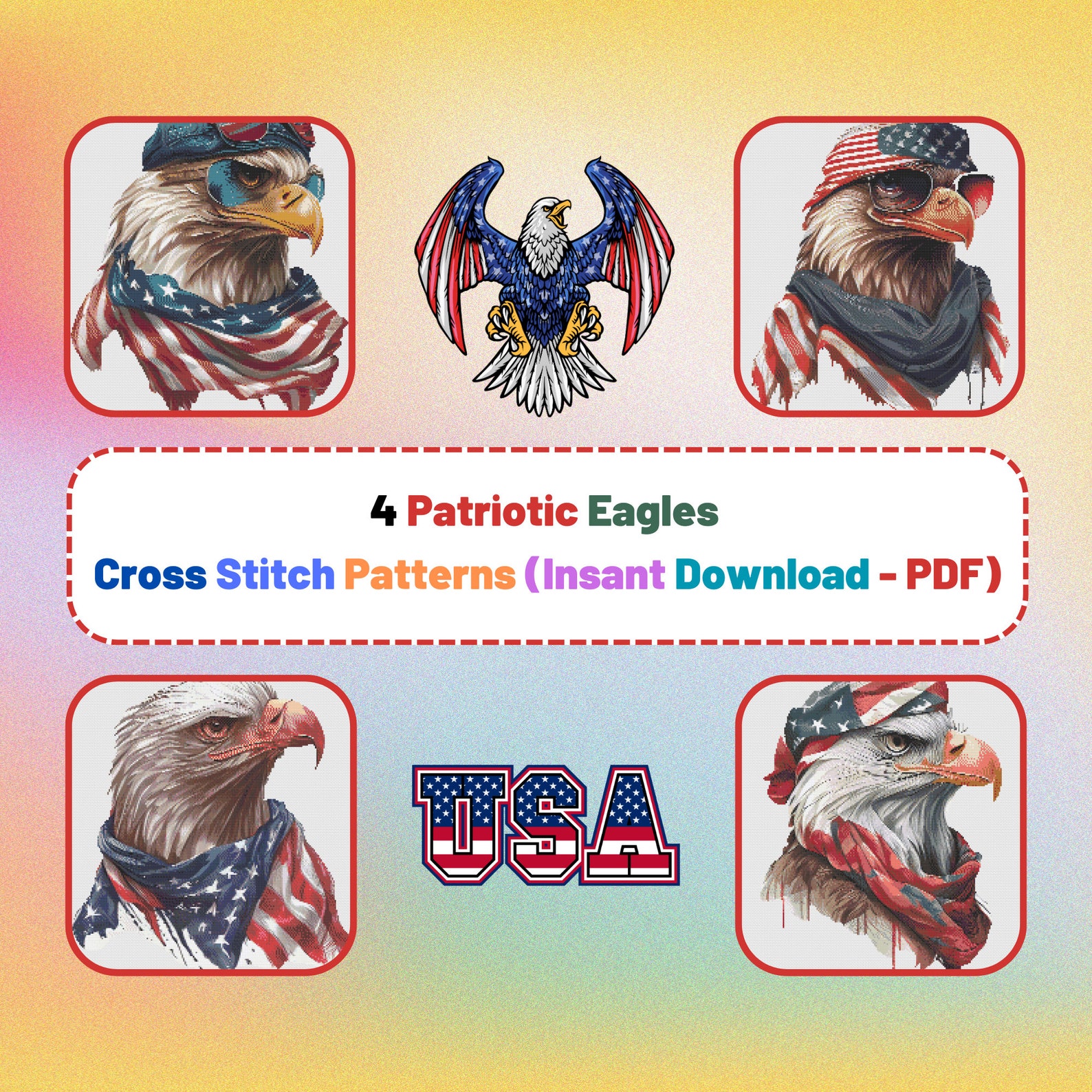 4 Patriotic Eagles Cross Stitch Patterns, PDF, 200x239 Stitches, 36x43 ...