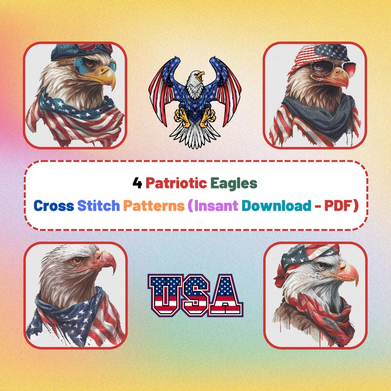 4 Patriotic Eagles Cross Stitch Patterns, PDF, 200x239 Stitches, 36x43 ...