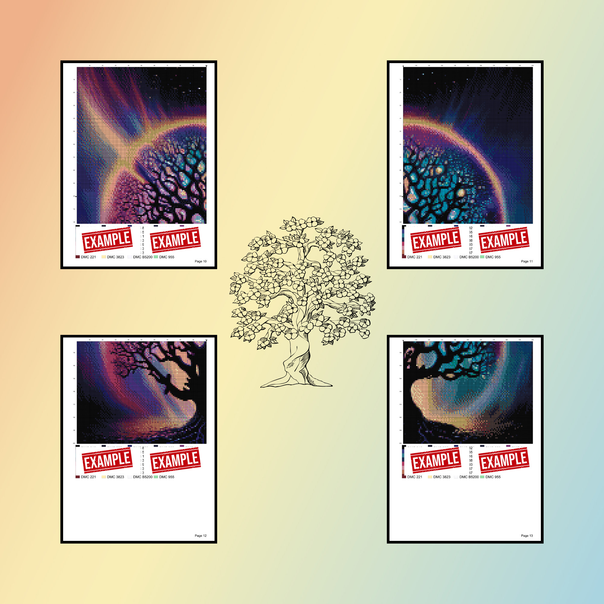 6 Psychedelic Trees Cross Stitch Patterns, 200x200 Stitches, 36x36 Cm ...