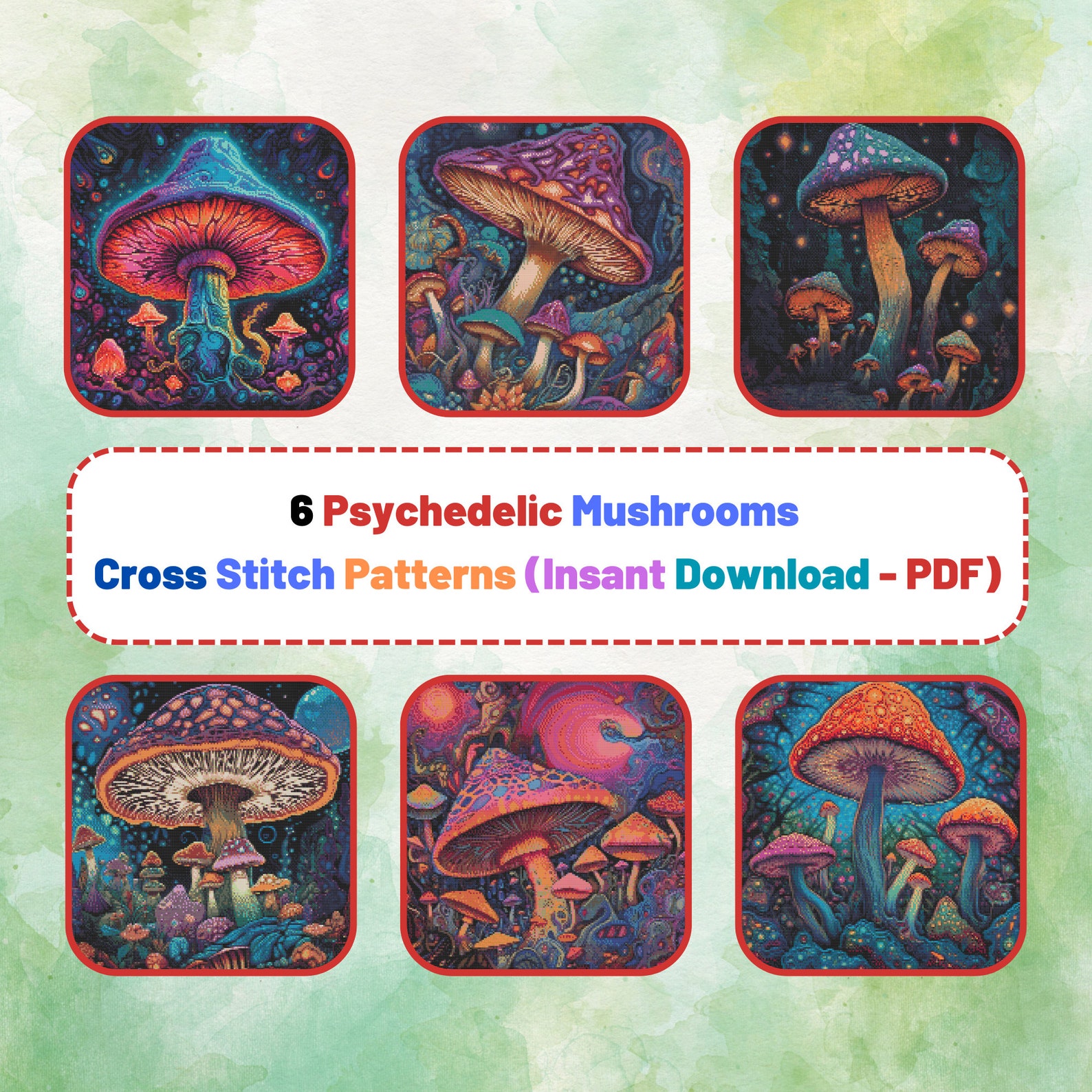 6 Psychedelic Mushrooms Embroidery Designs, PDF, 200x200 Stitches ...