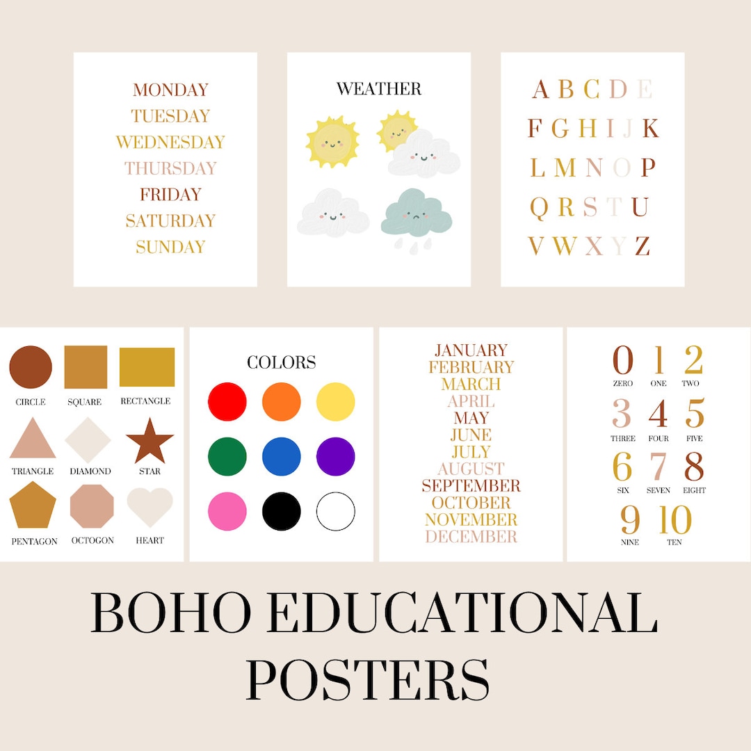 Set of 7 Printable Homeschool Poster Set Digital Download Boho Colors ...