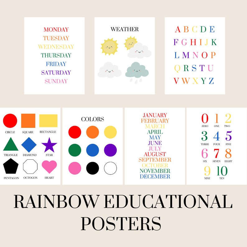Set of 7 Printable Homeschool Poster Set Digital Download Rainbow ...