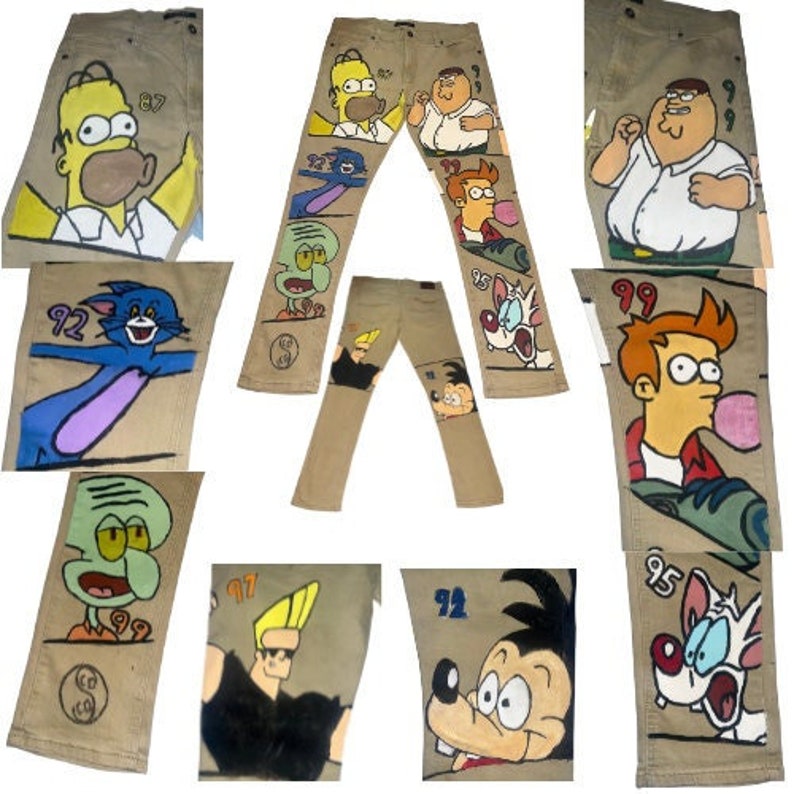 90s Cartoon Themed Hand Painted Khaki Jeans - Etsy