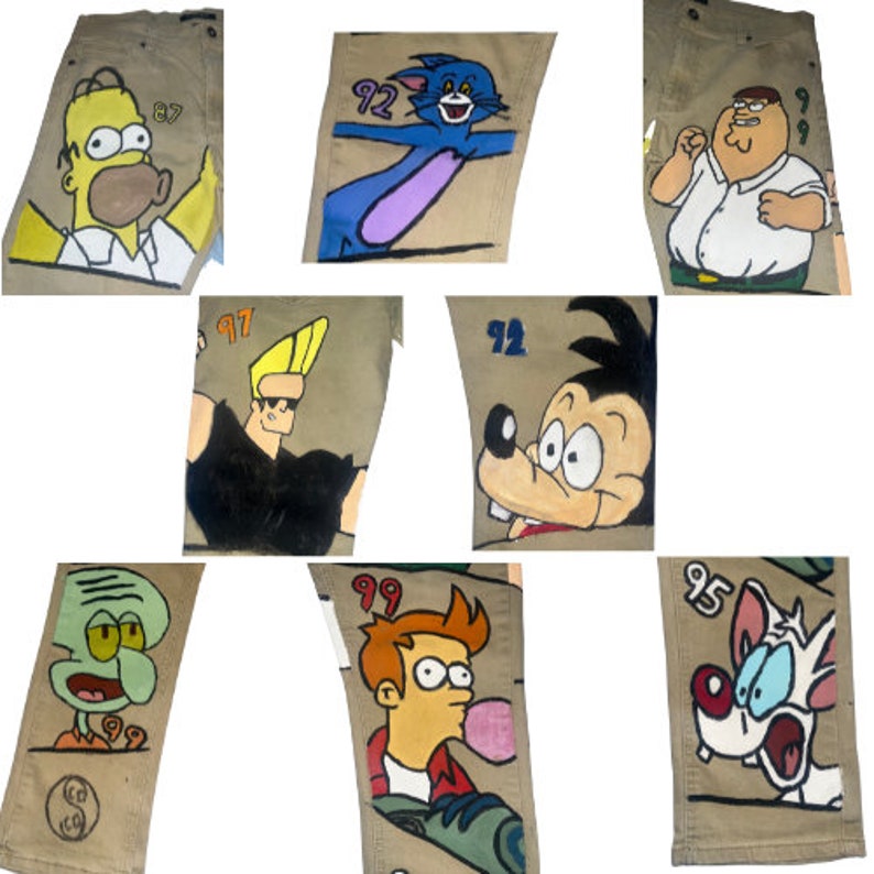 90s Cartoon Themed Hand Painted Khaki Jeans - Etsy