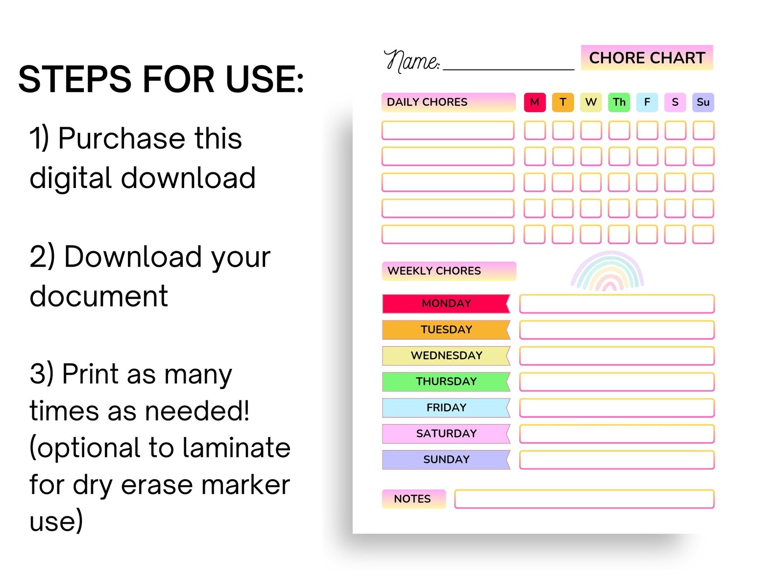 Rainbow Chore Chart for Kids Chore Chart for Toddlers Rainbow Chore ...