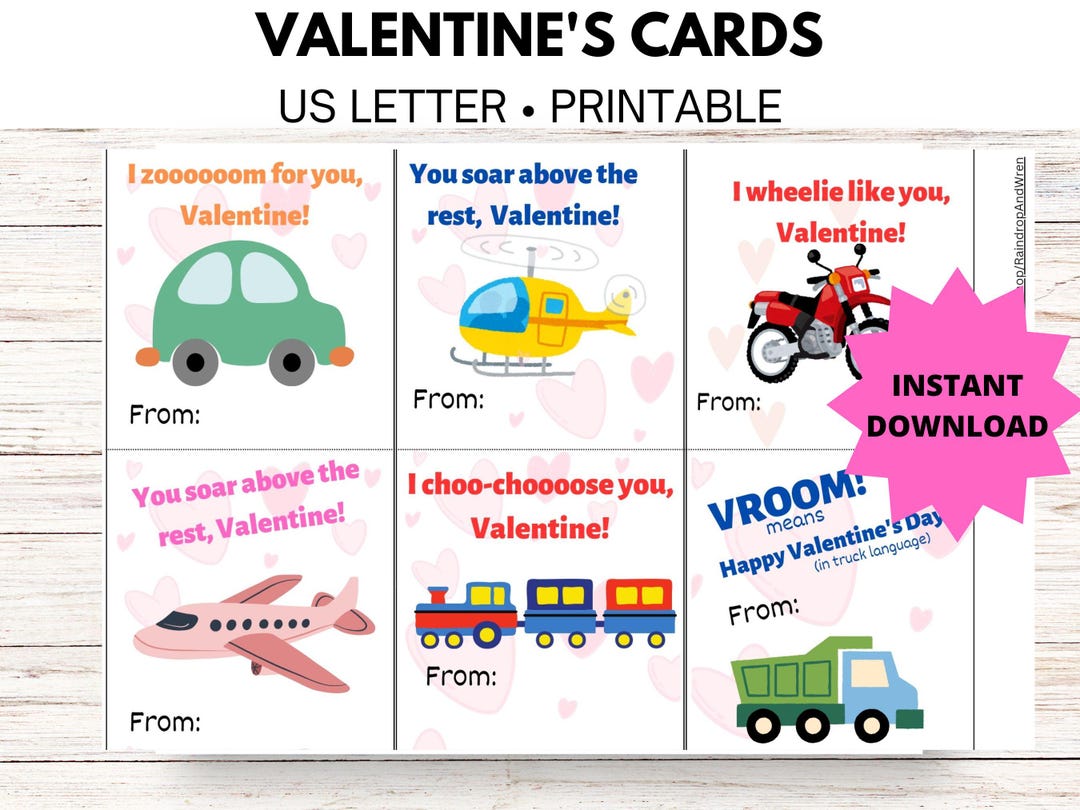 Valentine's Vehicles Printable Cards, Car Truck Plane Train Motorcycle ...