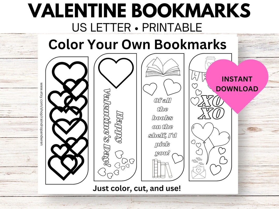 Valentine Bookmarks Printable Valentine's Coloring Activity for Kids ...