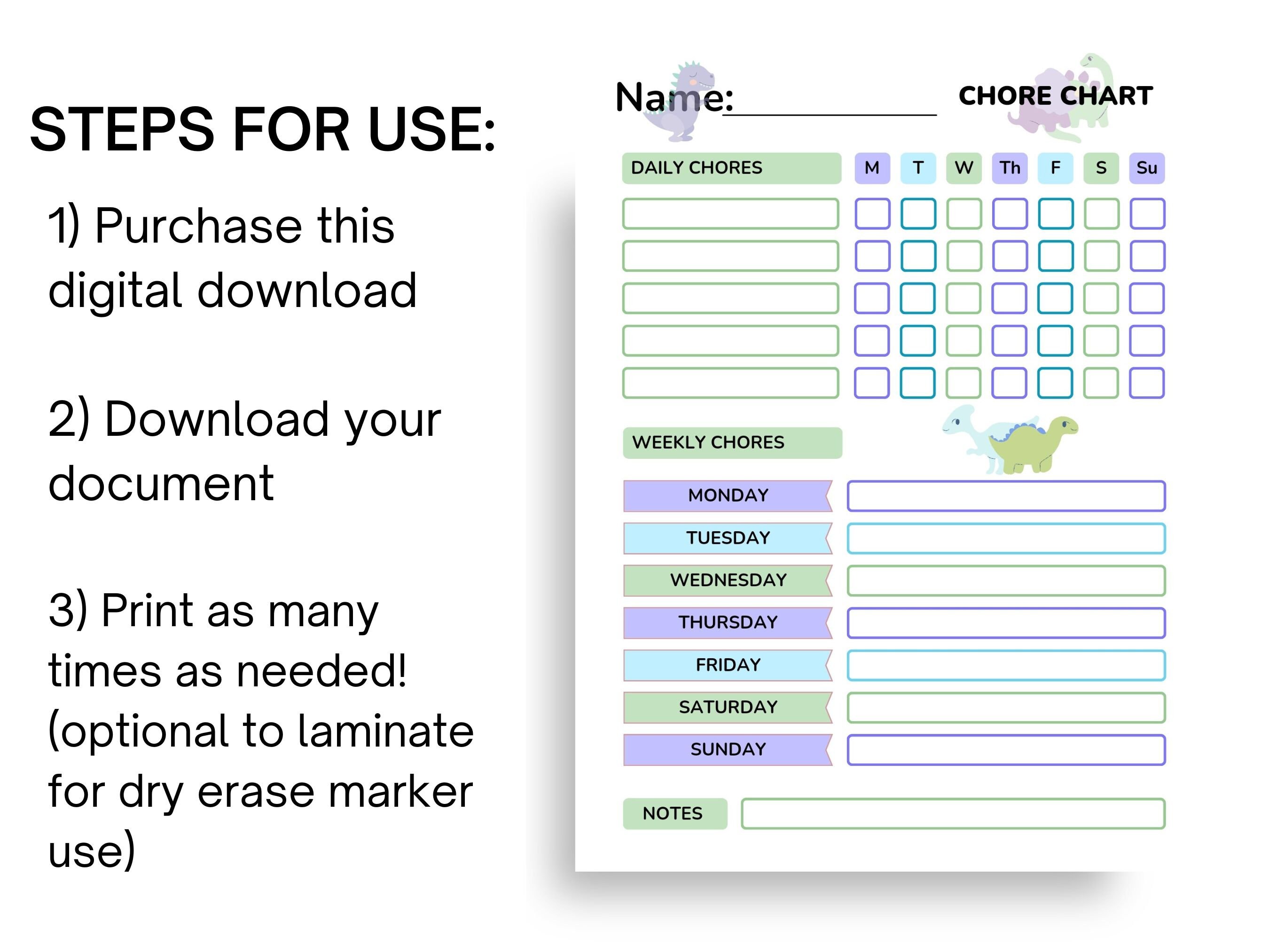 Dinosaur Chore Chart for Kids, Weekly Reward Chart (PDF) - Etsy