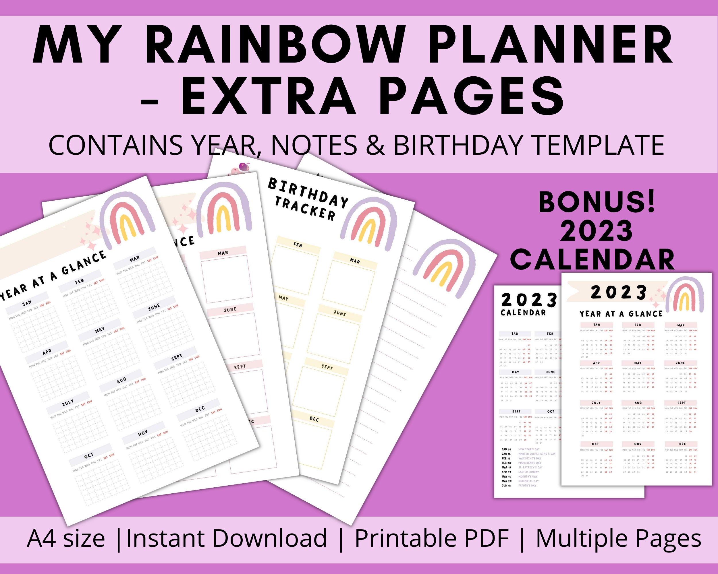 Printable Rainbow Planner Extra Pages BONUS: 2023 Calendar Kids ...