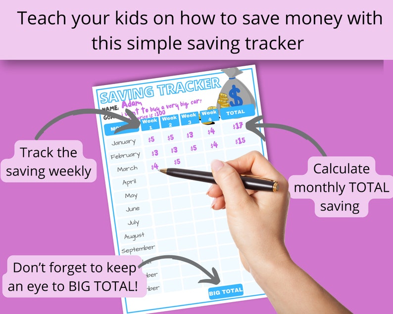 Printable Kids Saving Tracker Planner Gift Ideas for Kids Allowance Log ...