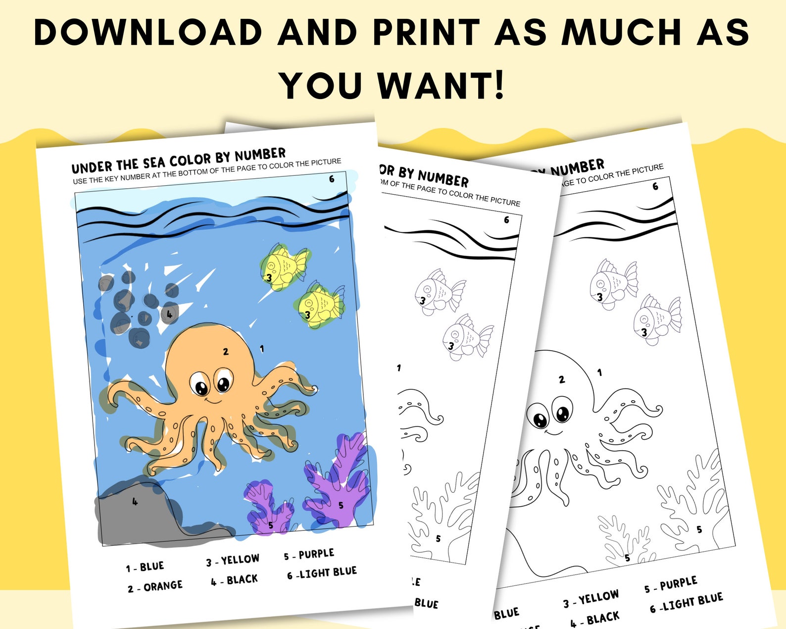 Printable Coloring Page Color by Numbers, Under the Sea Coloring, Under ...