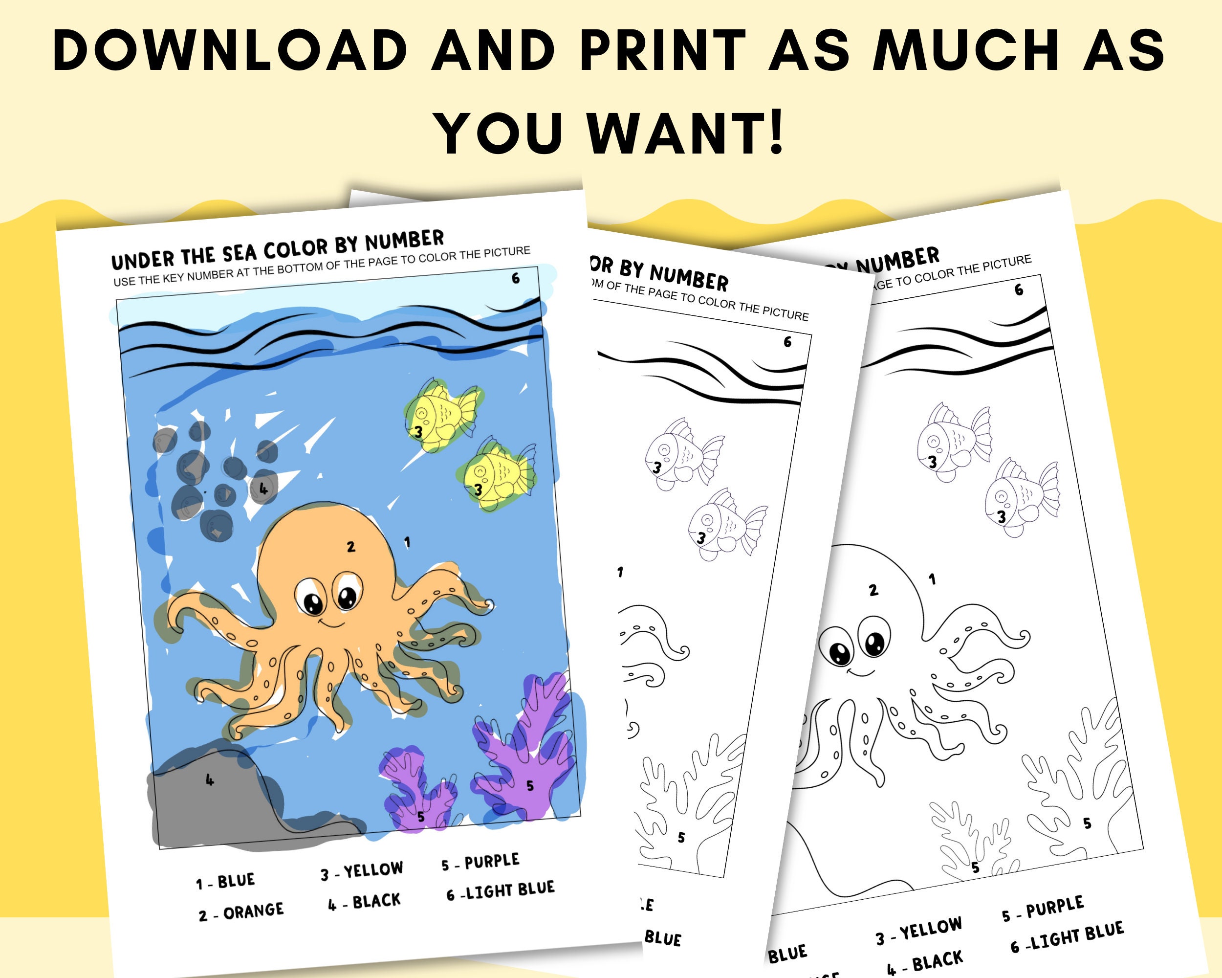 Printable Coloring Page Color by Numbers, Under the Sea Coloring, Under ...