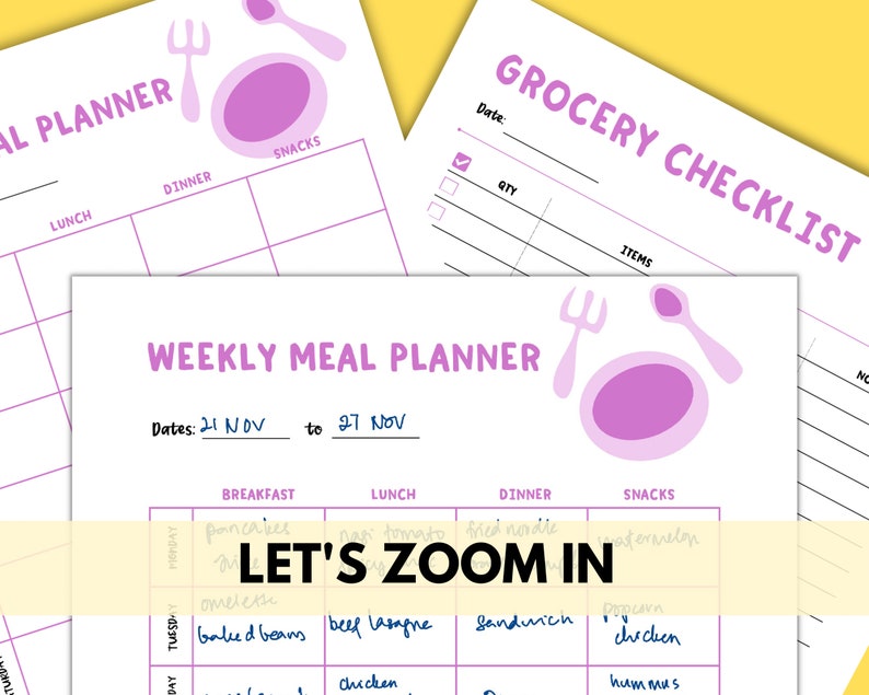 Printable Weekly Meal Planner Guide Worksheet Grocery List for Meal ...