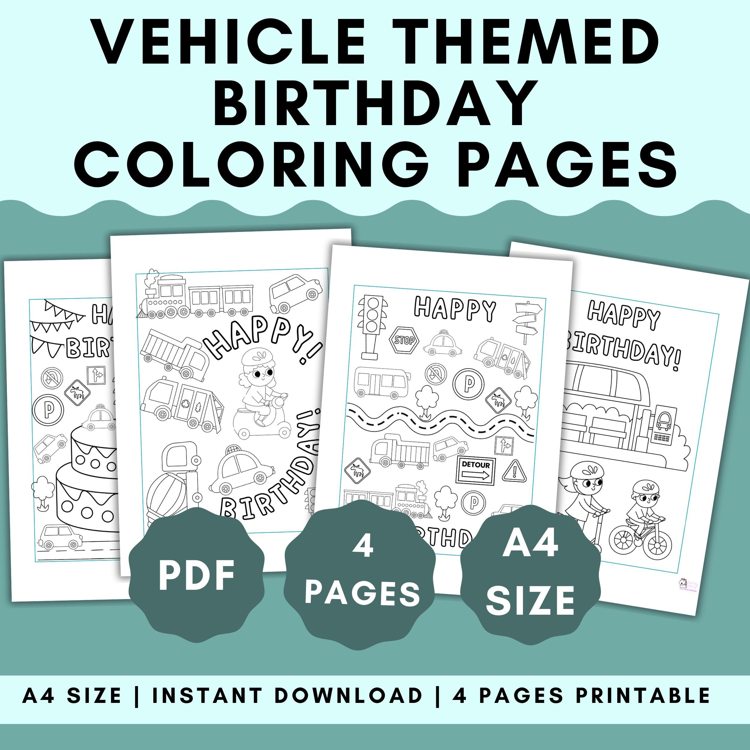 Printable Vehicle Themed Birthday Party Coloring Page for Kids ...