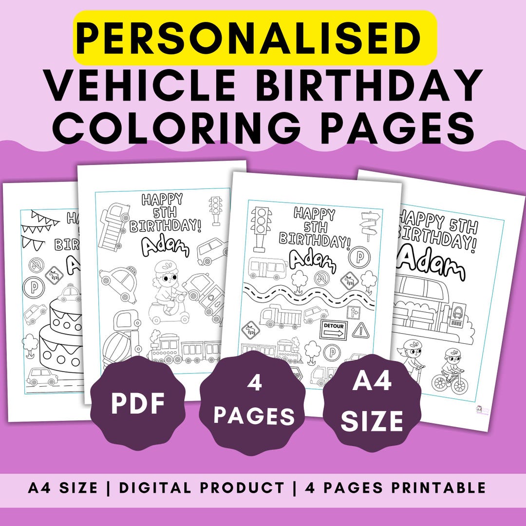Personalized Vehicle Coloring Page Custom Name Birthday Party Activity ...
