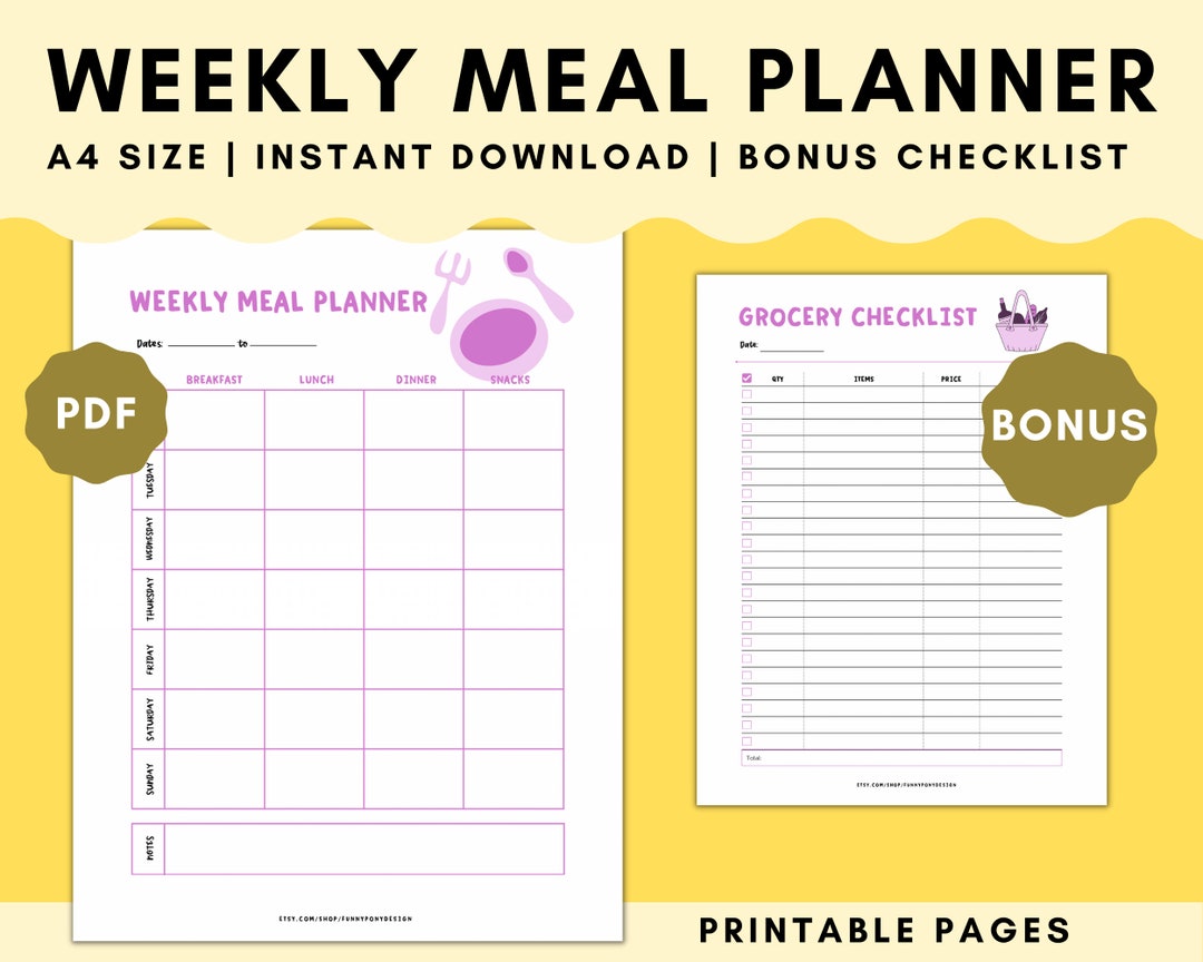 Printable Weekly Meal Planner Guide Worksheet Grocery List for Meal ...