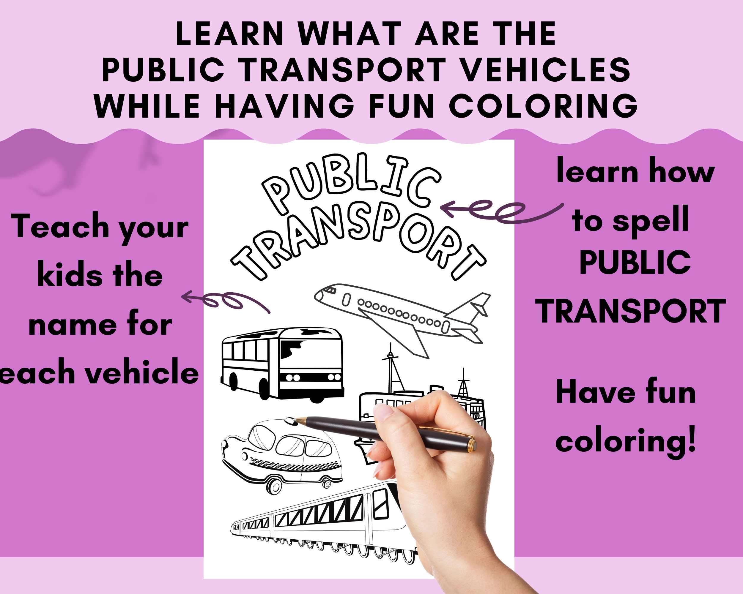 Printable Car Coloring Page Public Vehicle Learning Worksheet for Kids ...