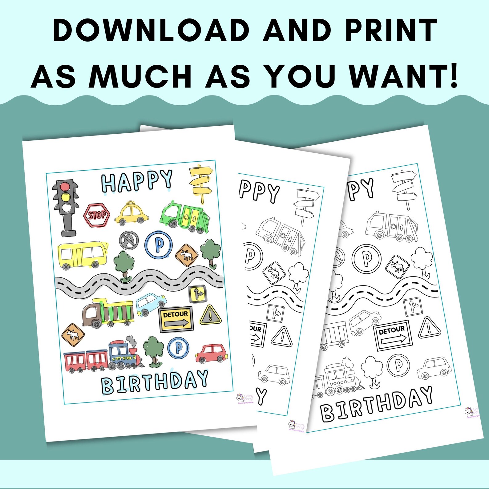 Printable Vehicle Themed Birthday Party Coloring Page for Kids ...