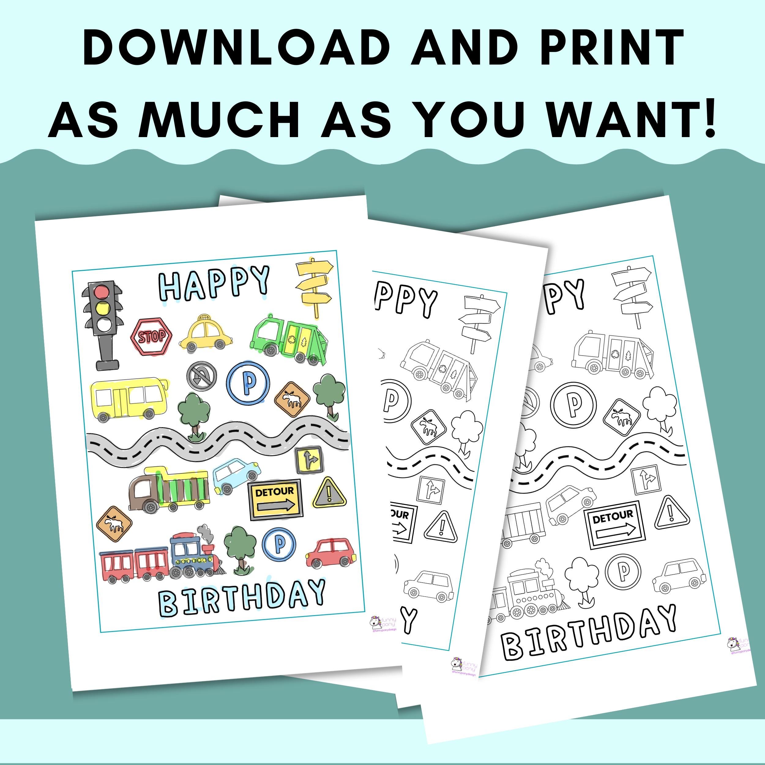 Printable Vehicle Themed Birthday Party Coloring Page for Kids ...