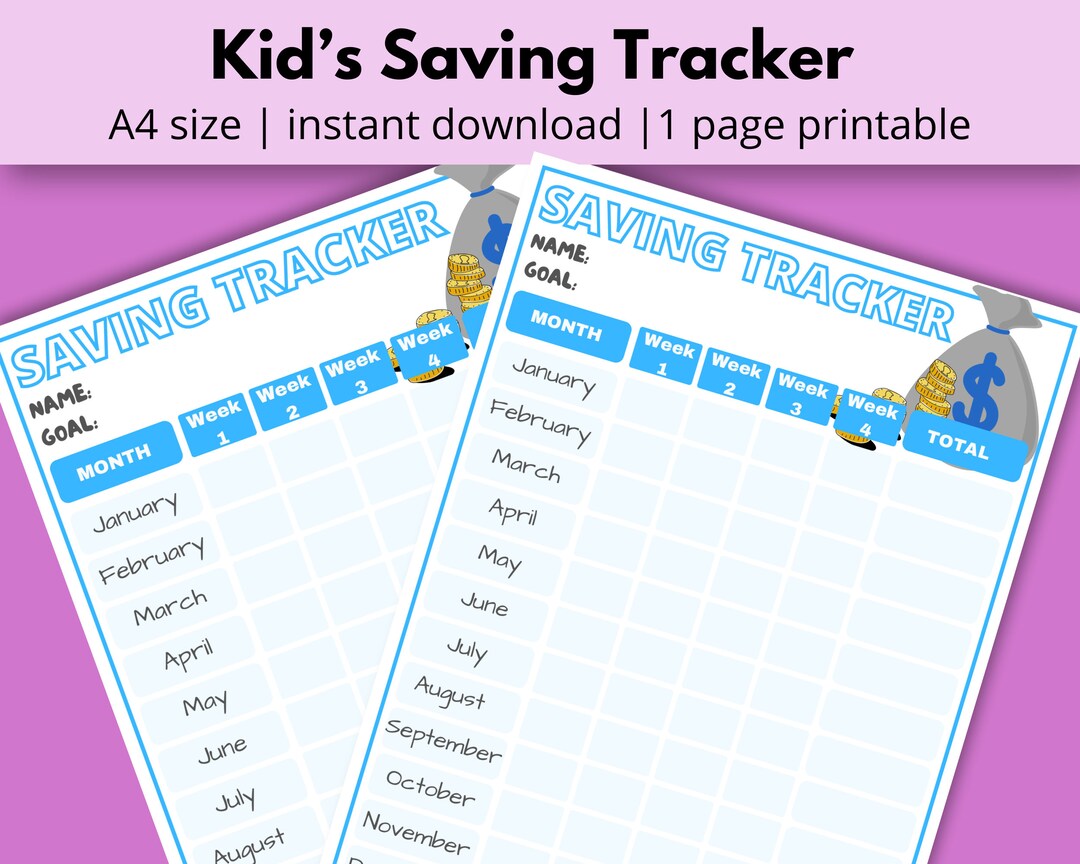 Printable Kids Saving Tracker Planner Gift Ideas for Kids Allowance Log ...