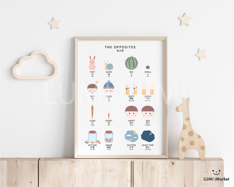 English Chinese Pinyin Bilingual Educational Posters | Opposite Words ...