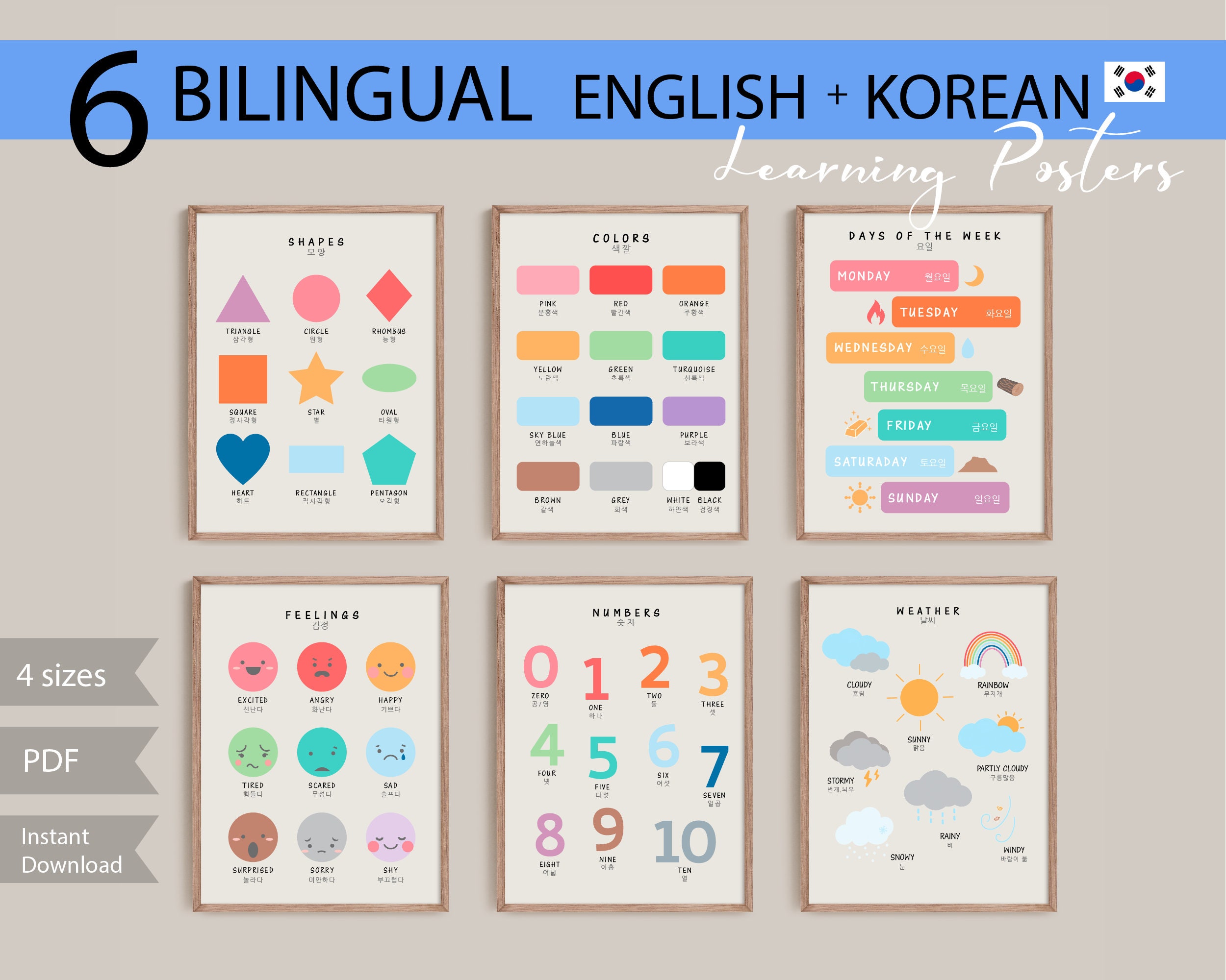 6 Bilingual Korean Educational Posters Korean Learning - Etsy