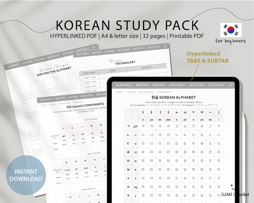Korean Hangul Study Pack | Korean for Beginners|hyperlinked Learning ...