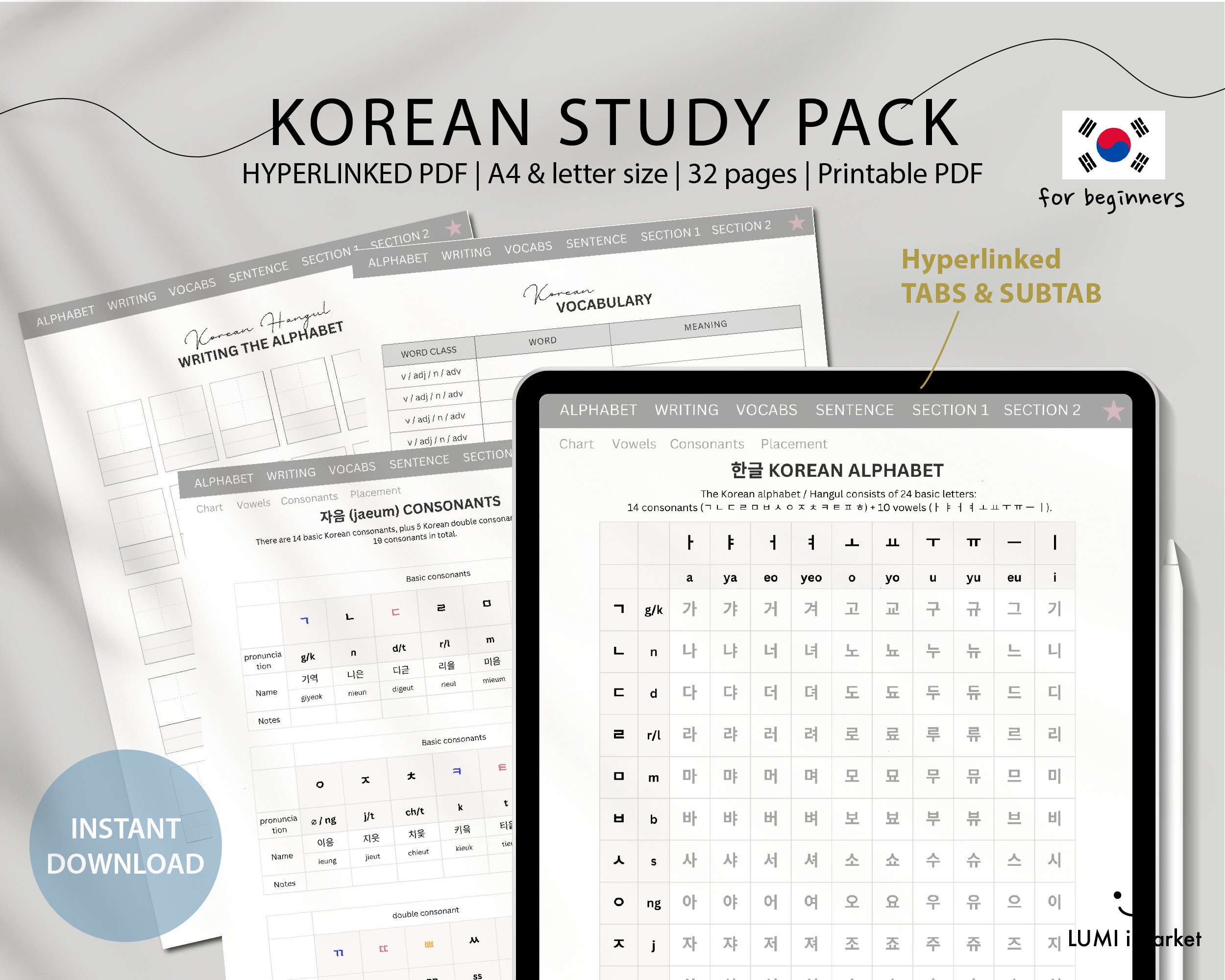 Korean Hangul Study Pack | Korean for Beginners|hyperlinked Learning ...