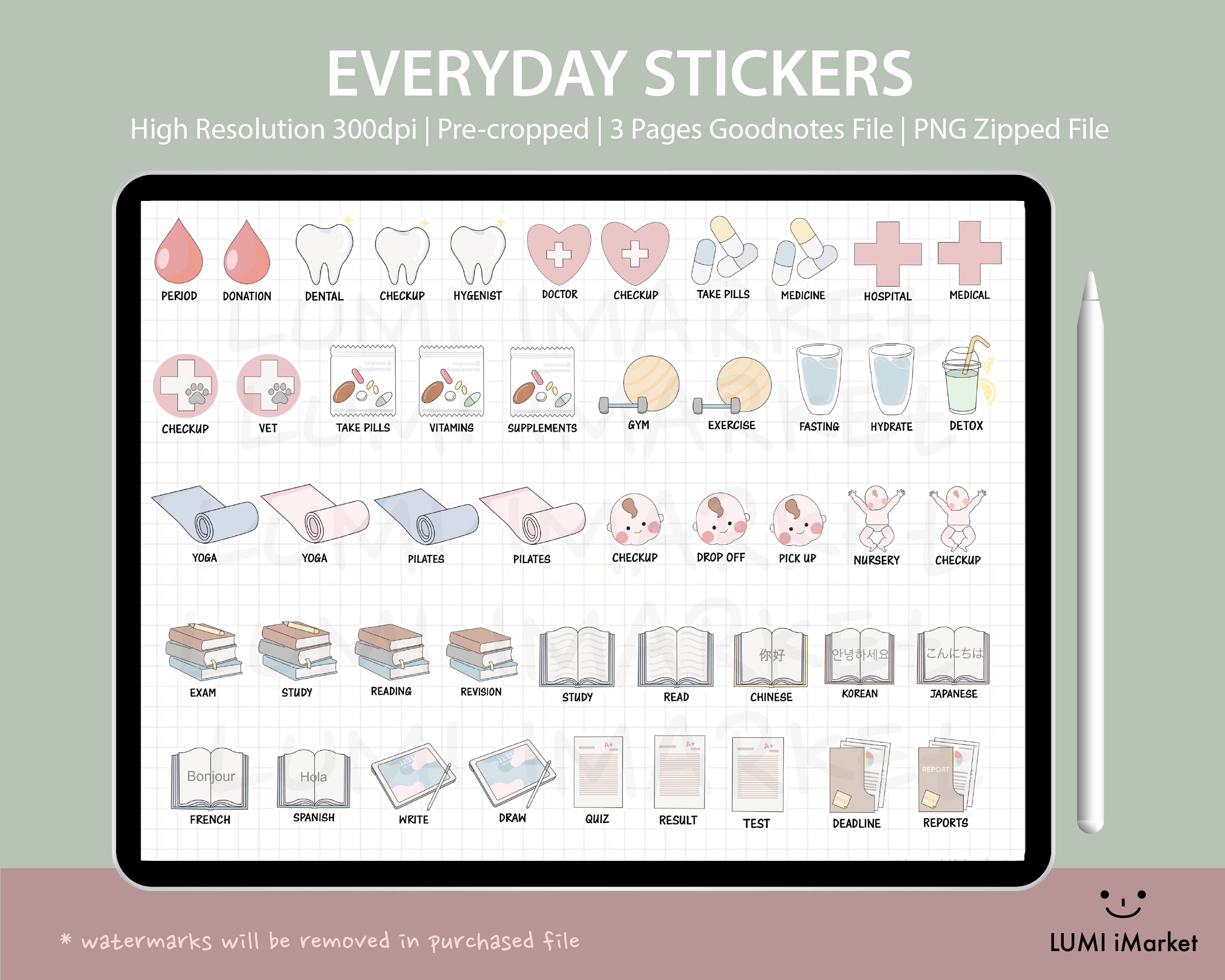 132+ Everyday Sticker Pack | Cute Goodnotes Digital Planner Stickers ...