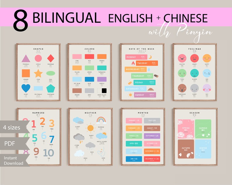 8 Bilingual Chinese Educational Posters Chinese Pinyin Learning Posters ...