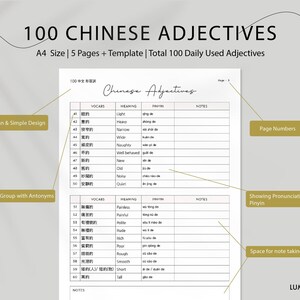 Chinese Vocab List 100 Adjectives | Study Chinese | Vocabulary ...