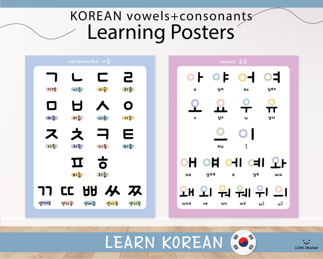 Korean Vowel Consonants Educational Posters | Set of 2 | Simple Design ...