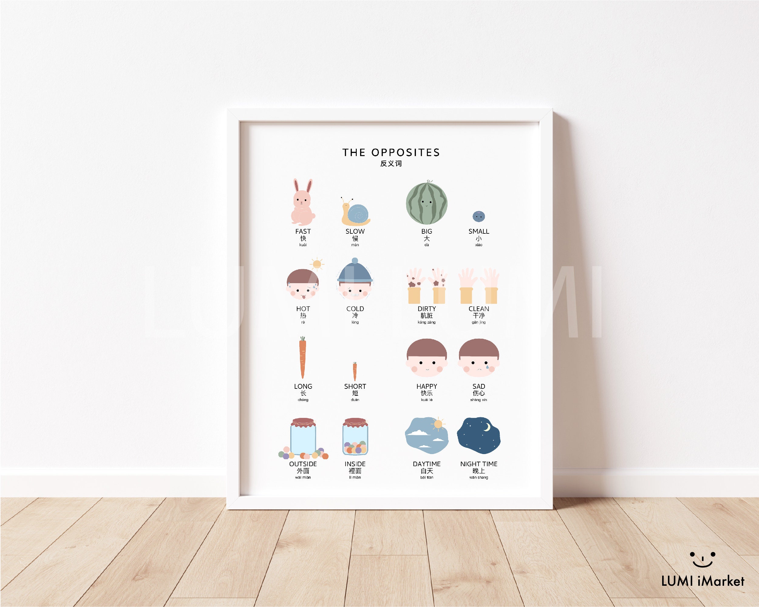 English Chinese Pinyin Bilingual Educational Posters | Opposite Words ...