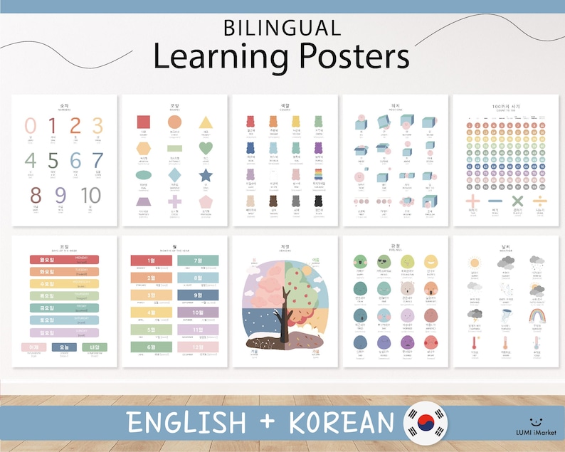 10 Bilingual English Korean Educational Posters | Set of 10 Educational ...