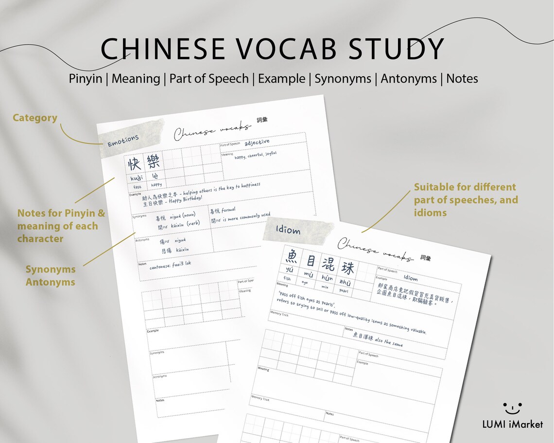 Chinese Vocabulary Study Sheet | Hanzi Worksheet | Language Study Planner | Chinese Idioms ...